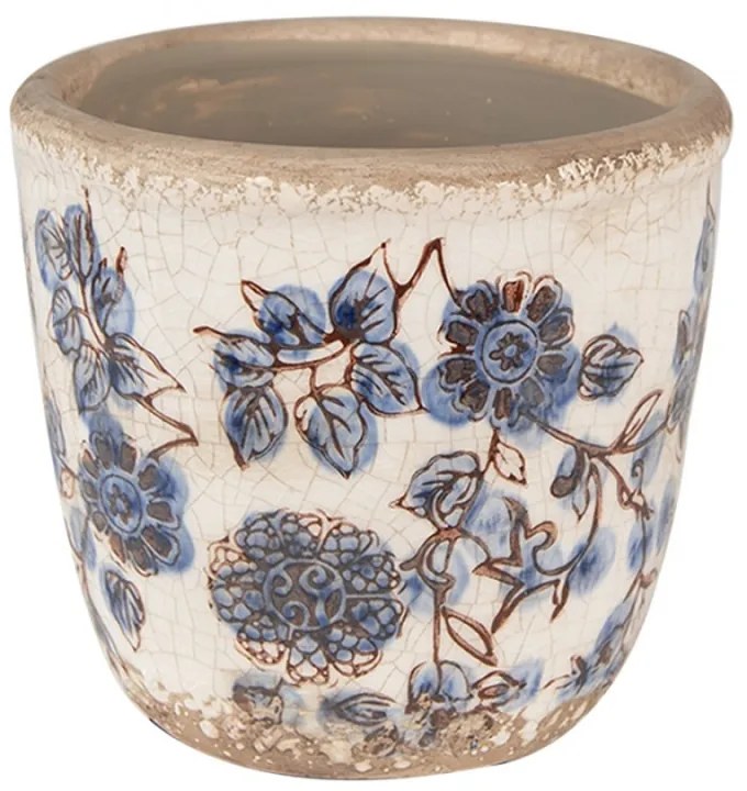 Béžový keramický obal na květináč s modrými kytičkami Barbara – 13x12 cm