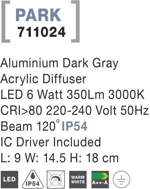 NV 711024 Venkovní nástěnné svítidlo PARK hliník tmavě šedá akrylový difuzor LED 6W 3000K 220-240V 120st. IP54 AC vč. driveru - NOVA LUCE