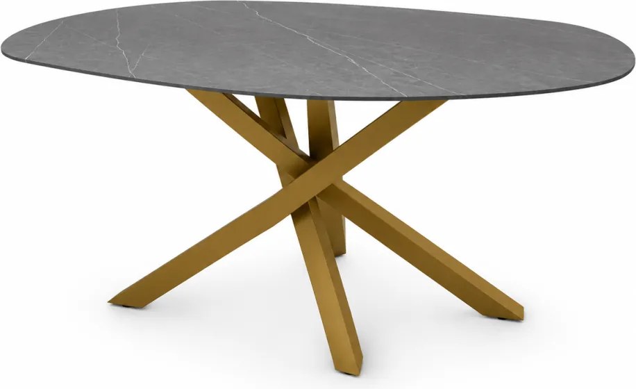 Jídelní stůl ROYAL GRIGIO – 230 × 130 cm, keramická deska 24 mm Shark Nose, zlatá podnož VALETTA M