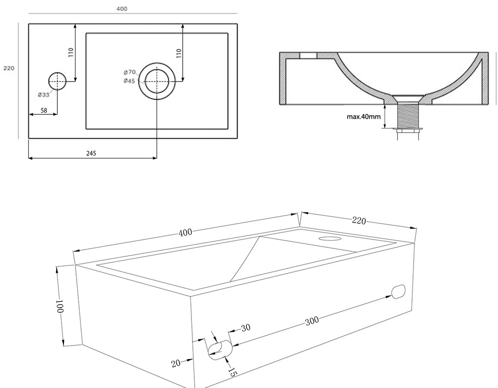 Sapho, CREST L betonové umyvadlo včetně výpusti, 40x22 cm, černý granit, AR403