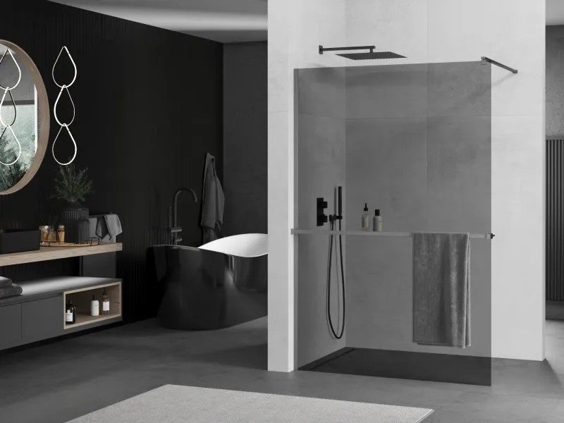 Mexen Kioto+ L, sprchová zástěna Walk-In s poličkou a věšákem 70 x 200 cm, 8mm šedé sklo, grafitový profil, 800-070-123-95-40