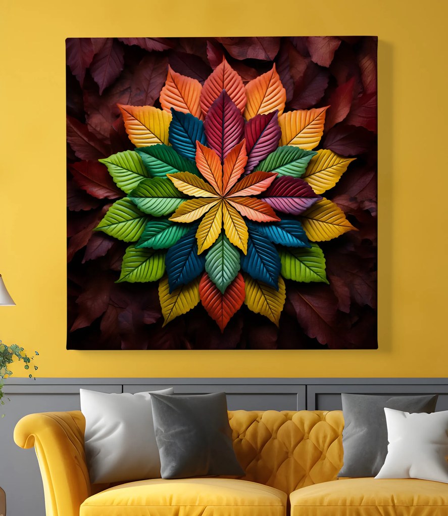 Obraz na plátně - Mandala barevné listy, žluto oranžový střed FeelHappy.cz Velikost obrazu: 100 x 100 cm