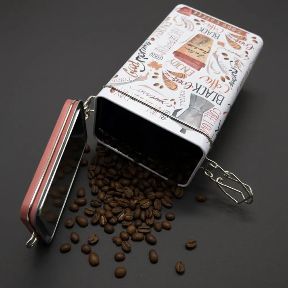 Plechová dóza Coffee Typography, 500 g – bílá, matný povrch, s patentním uzávěrem, s kávovým motivem, na kávu, bylinky, těstoviny a drobnosti