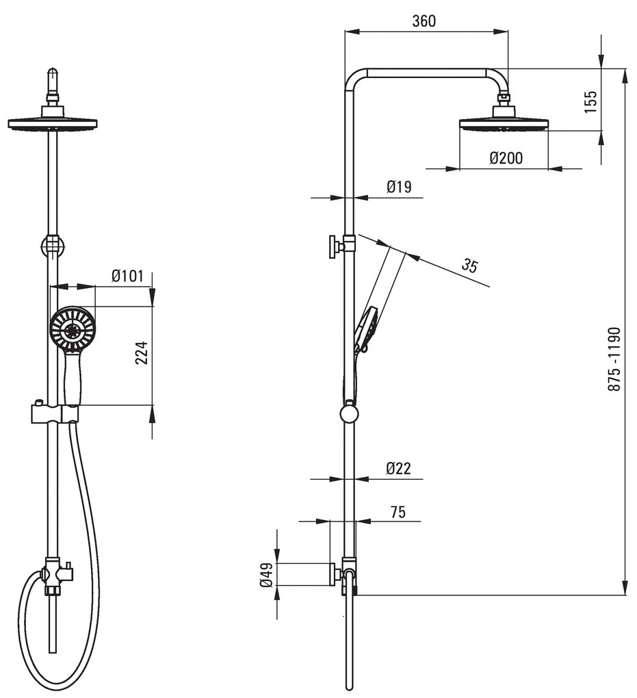 Deante Corio, sprchový sloup s 3-funkční ruční a dešťovou hlavicí, chromová, NAC_019K