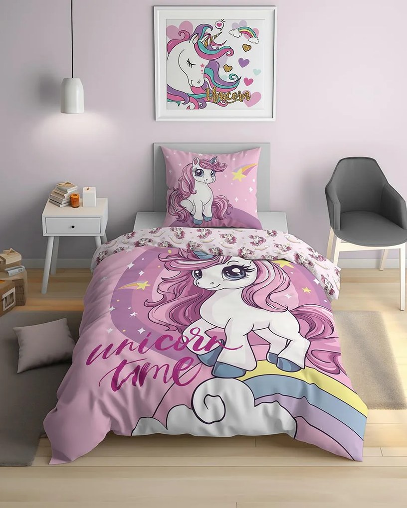 Detexpol Bavlněné dětské ložní prádlo 160x200 růžové s jednorožcem Unicorn Time – 5865 A – Dream Collection