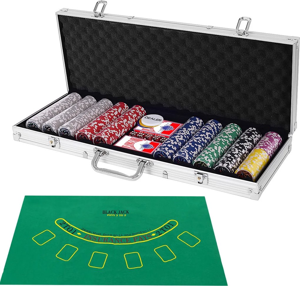 Costway 500-dílná kasino pokerová sada s žetony a hracími kartami a kostkami