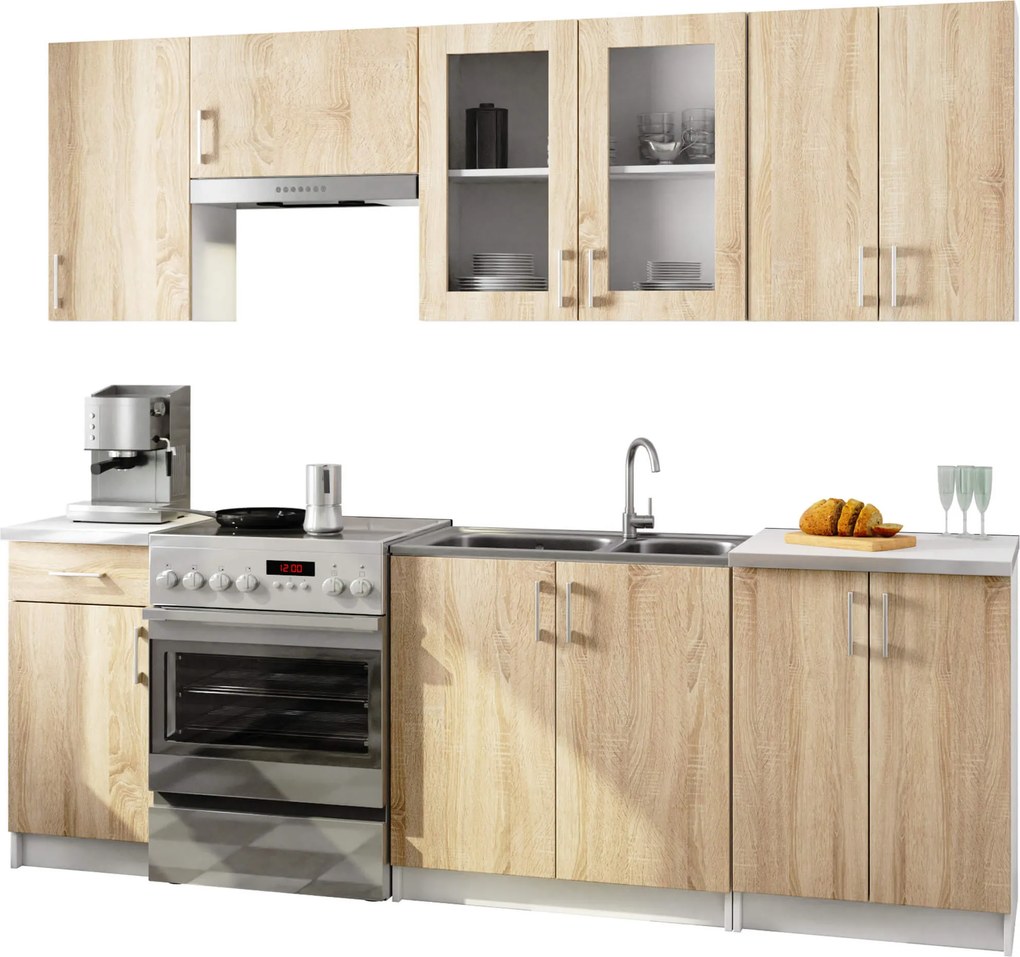 Kuchyňská linka s vitrínou LIMA 2.4M H720 Bílá / Dub Sonoma