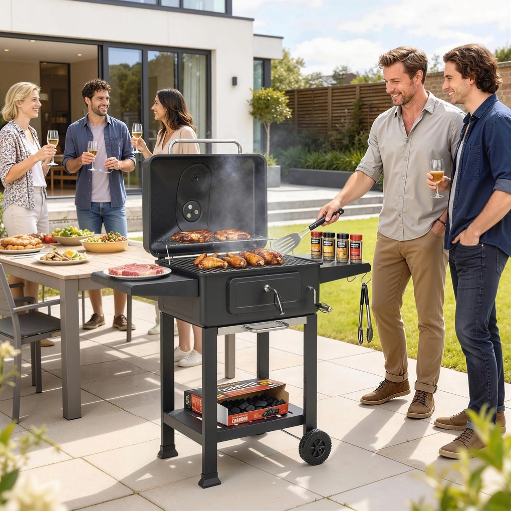 Outsunny Gril na dřevěné uhlí BBQ udírna s víkem Teploměr Výškově nastavitelná pánev na dřevěné uhlí Grilovací rošt Boční stolek Popelník