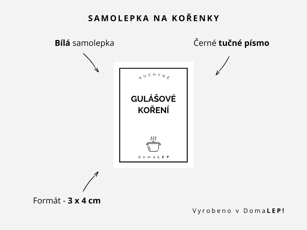 GULÁŠOVÉ KOŘENÍ - Samolepka na kořenky 3 x 4 cm - DomaLEP varianta: BÍLÁ - základní písmo