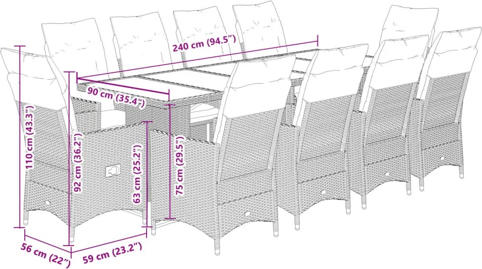 11dílný zahradní bistro set s poduškami hnědý polyratan 3277264