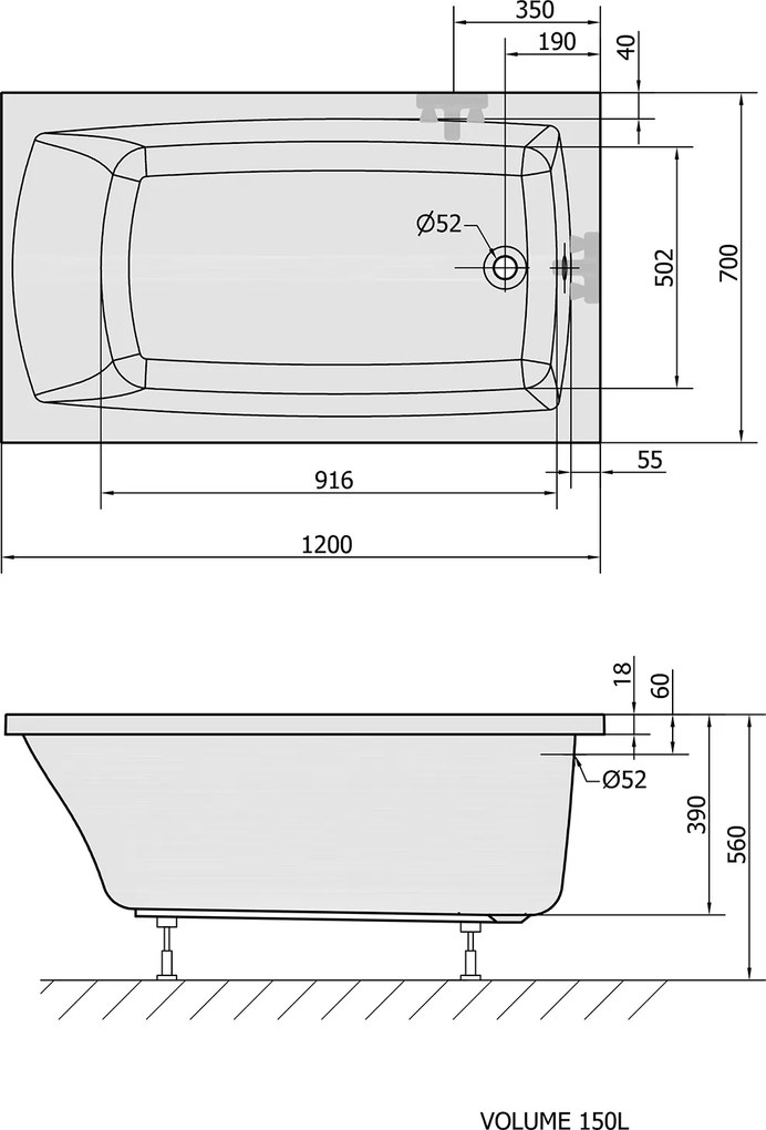 Polysan LILY SLIM obdélníková vana 120 x 70 x 39 cm bílá 25111S