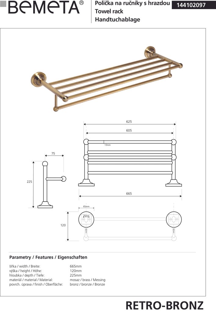 Bemeta Design RETRO bronz: Držák ručníků s hrazdou, 605 mm -