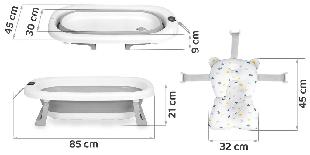 Skládací vanička pro kojence s teploměrem a vložkou Ricokids RK-287 - bílá a šedá varianta