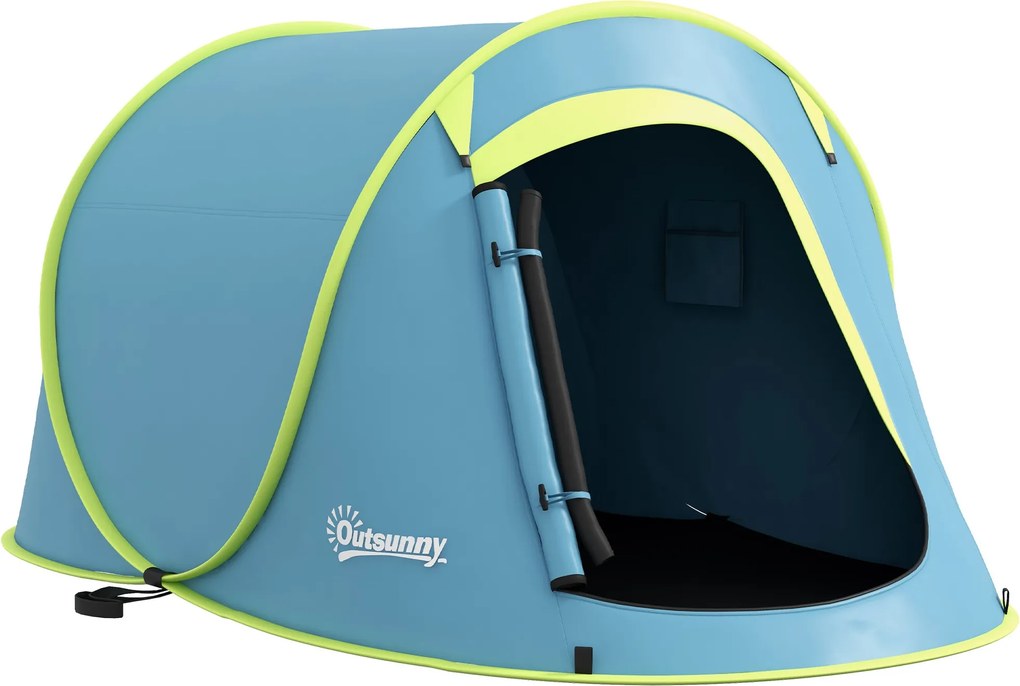 Outsunny Pop-up Kempingový Stan pro 2-3 Osoby, Přenosný, Voděodolný 2000 mm s Okénkem pro Kempování, Rybářství a Turistiku 245x148x105 cm Modrý | Aoso