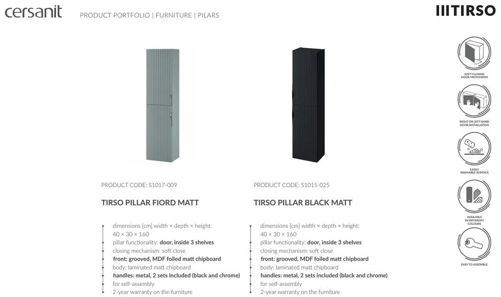 Cersanit Tirso, vysoká závěsná skříňka 400x302x1600 mm, černá matná, S1017-009