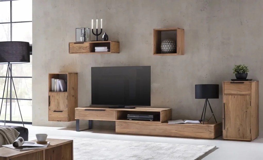 furniture-nabytek.cz - Masivní TV stolek Auckmore z akácie, lakovaný, hnědý – 155×45×40 cm