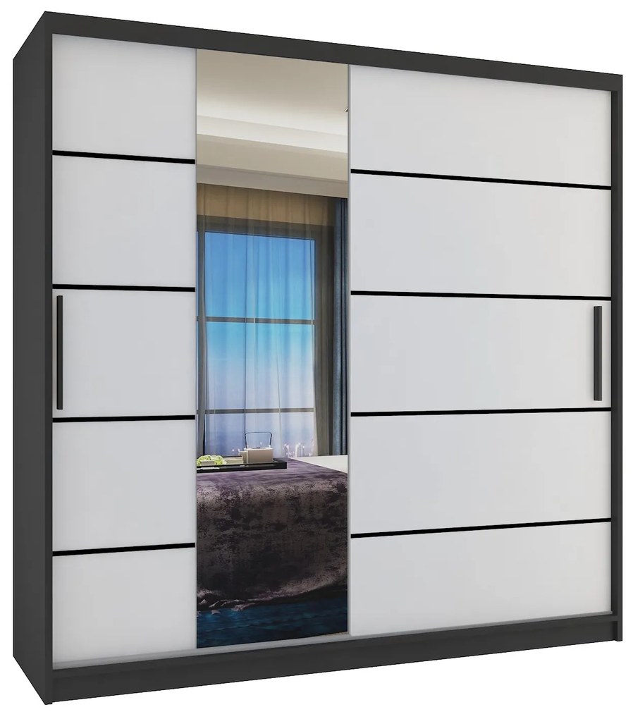 Šatní skříň 200 cm Belini černý mat / bílý mat s posuvnými dveřmi zrcadlem a zásuvkami  MBP SZP5/1/B/W/0/KLP