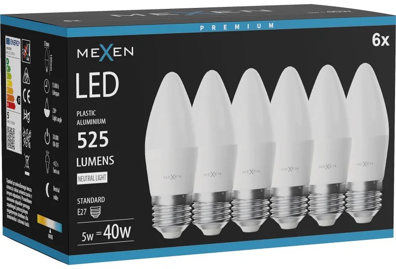 Mexen Nova 6x LED žárovka E27, C37, 5W, Neutrální - 4000K, 525 lm - L102-E27-0540-01x06