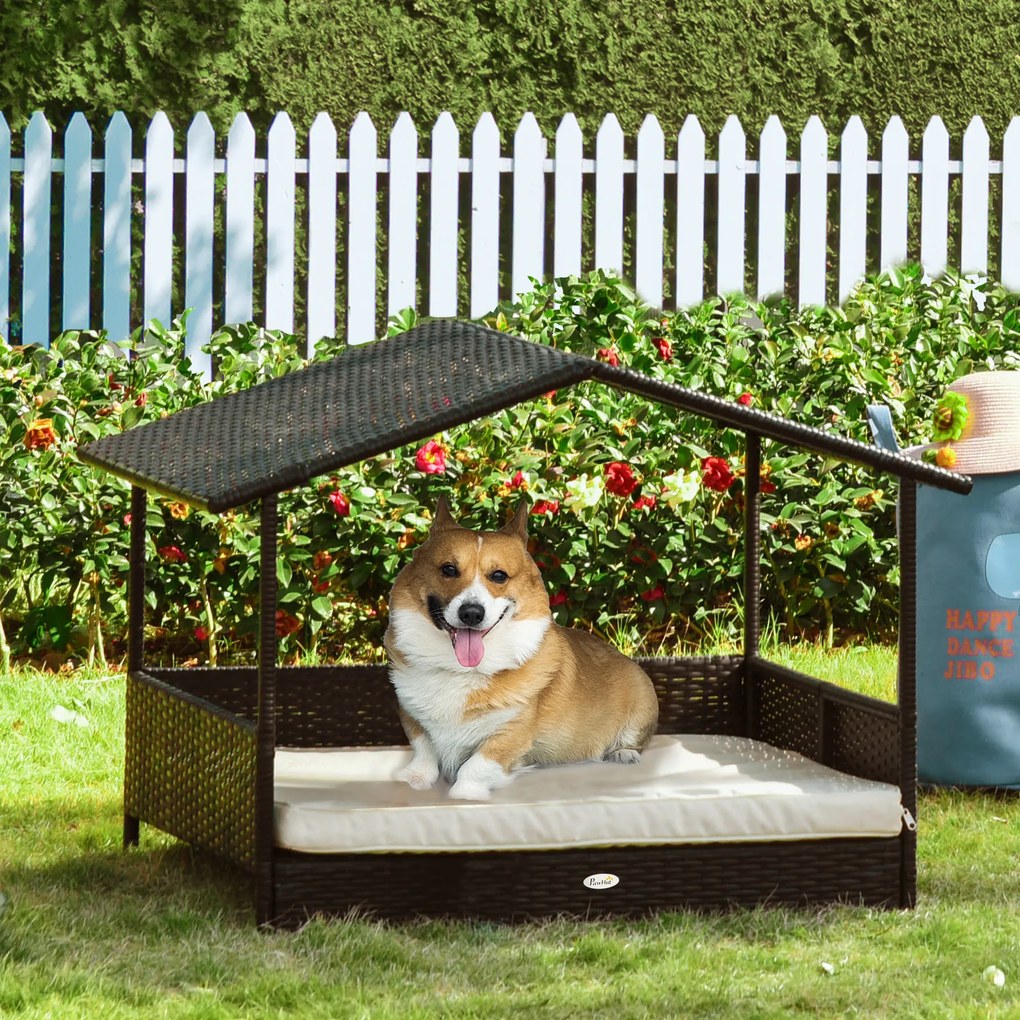 PawHut ratanová bouda pro psy s polštářem 98 x 69 x 73 cm pelíšek ve formátu domečku venkovní bouda pro psy z ocelového rámu PP kávově hnědá