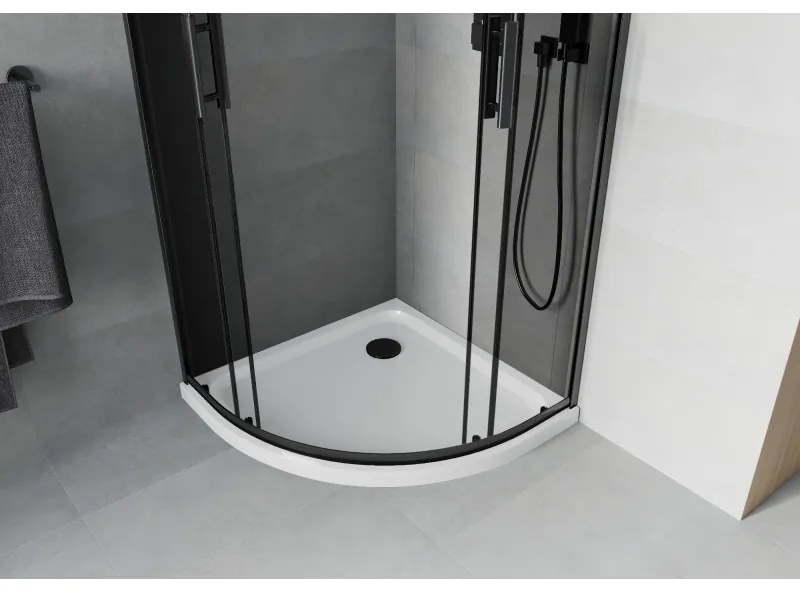 Mexen Rio, čtvrtkruhový sprchový kout s posuvnými dveřmi 90 (dveře) x 90 (dveře) x 190 cm, 5mm šedé sklo, černý profil + bílá sprchová vanička Slim, 863-090-090-70-40-4110B