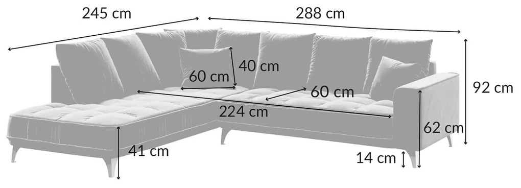 MUZZA Rohová pětimístná pohovka chloe levá 288 cm samet zelená