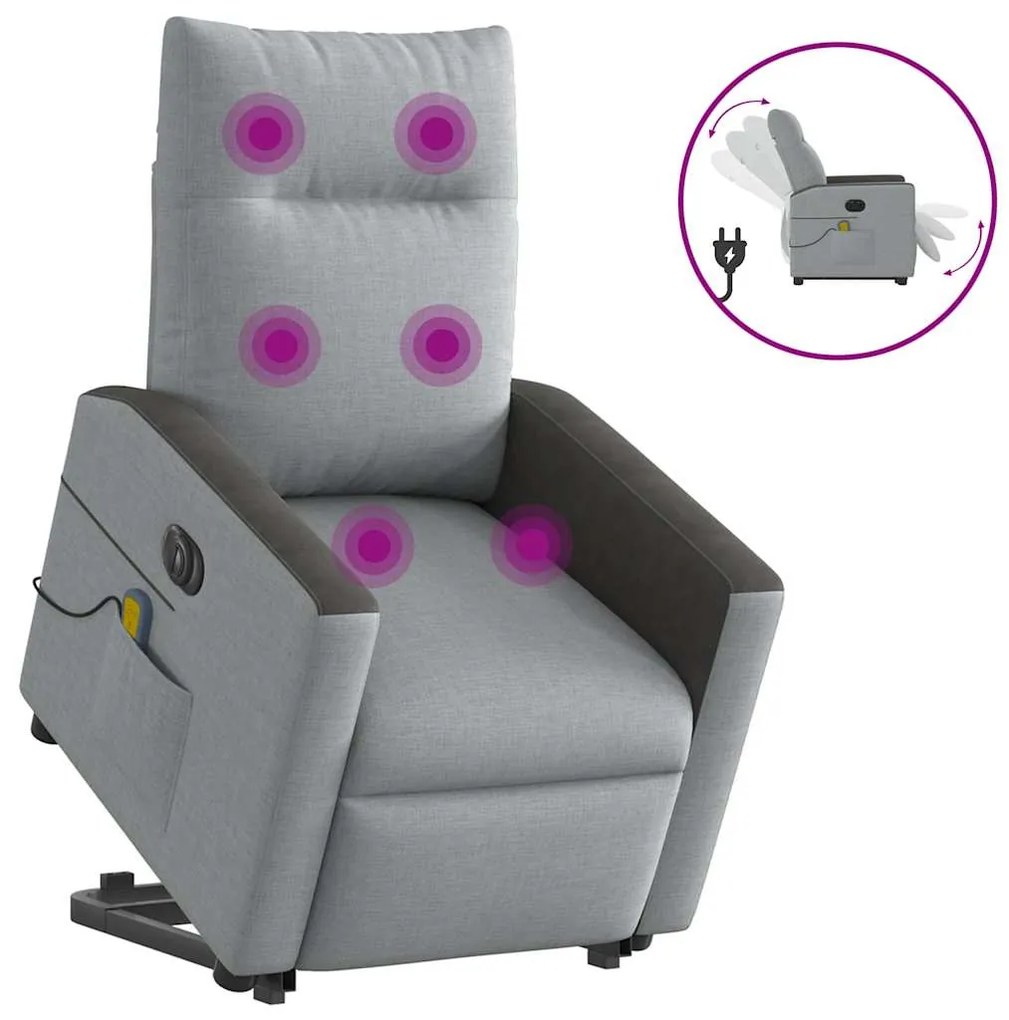 Elektrické zvedací masážní polohovací křeslo světle šedé textil 3324073