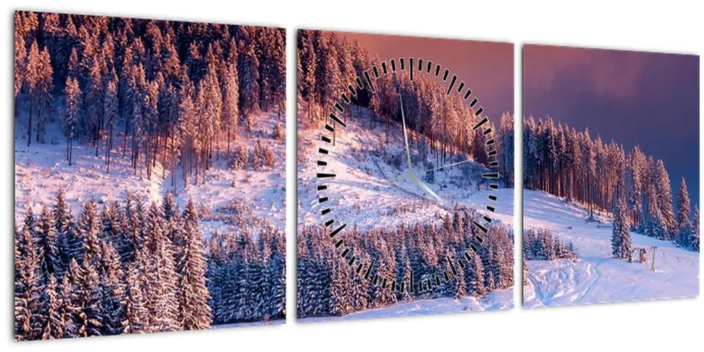 Obraz zimní krajiny (s hodinami) (90x30 cm)