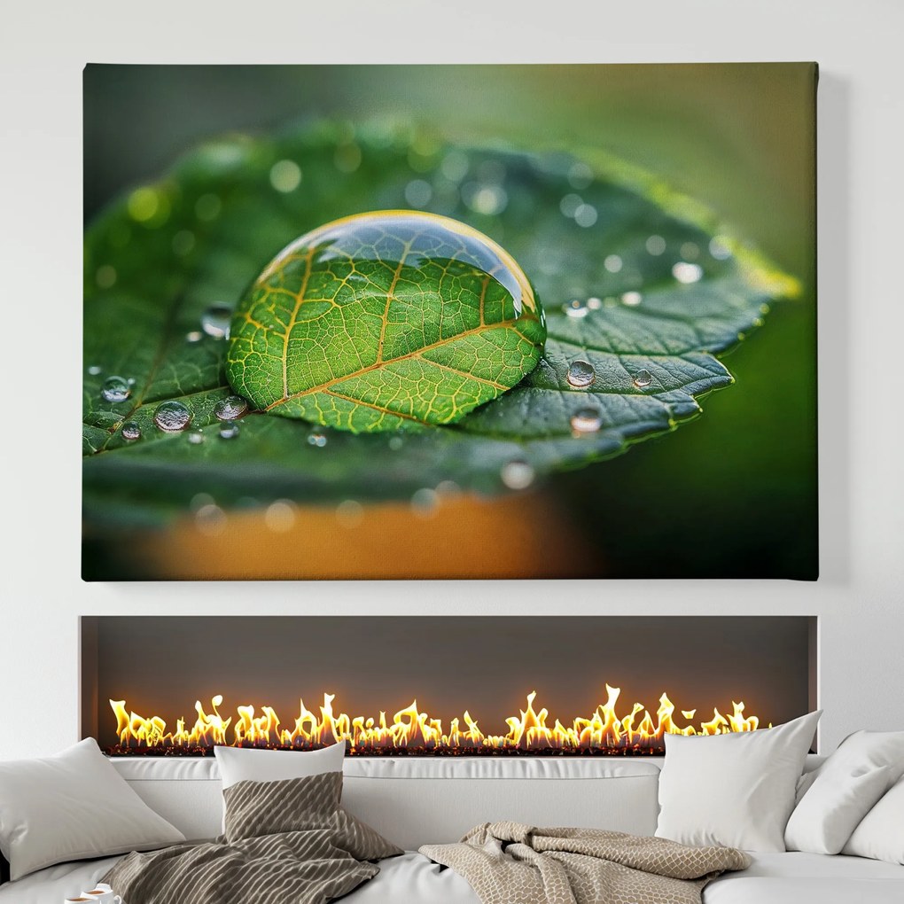 Obraz na plátně - Kapka vody na listu FeelHappy.cz Velikost obrazu: 150 x 100 cm