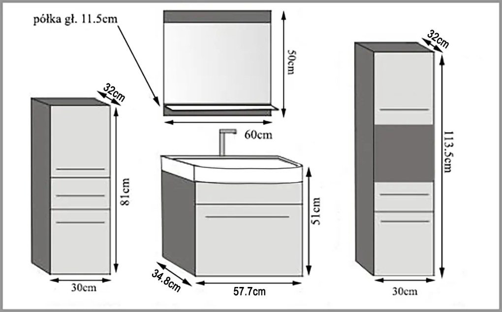 Koupelnový nábytek Belini šedý mat + umyvadlo + zrcadlo  ROD M 5/0/W/SR/0/ZW
