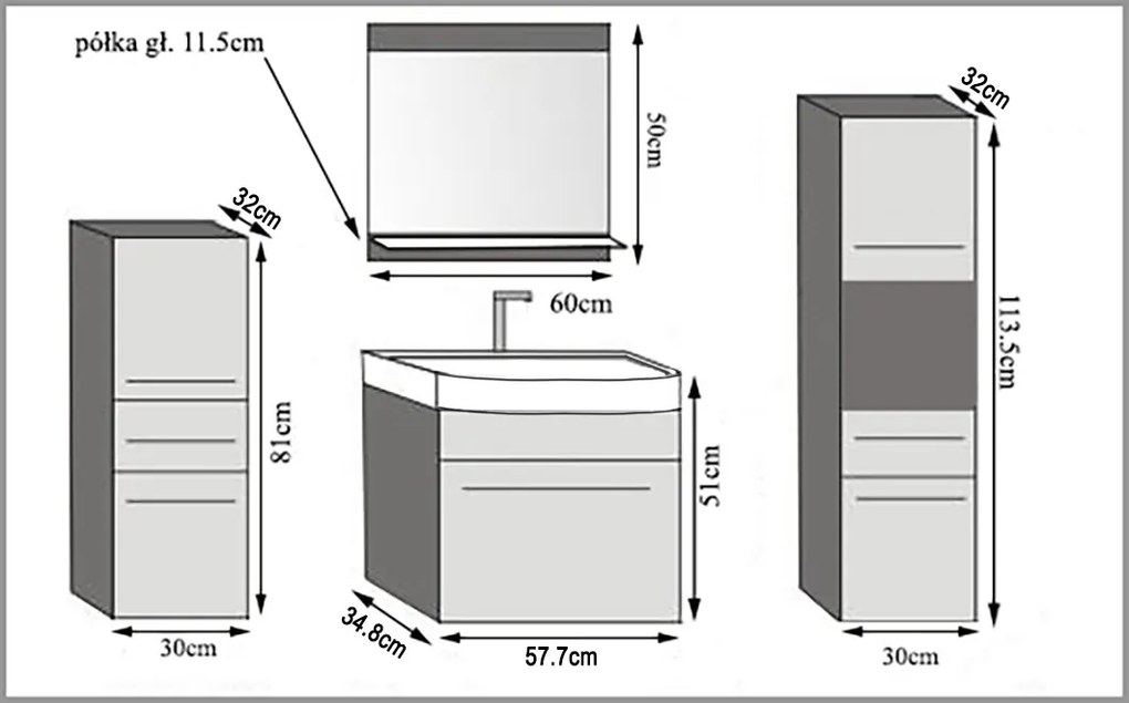 Koupelnový nábytek skříňky s umyvadlem a zrcadlem šedá antracit grafit ROD PRIMO M 5/0/W/SR/0/ZINC