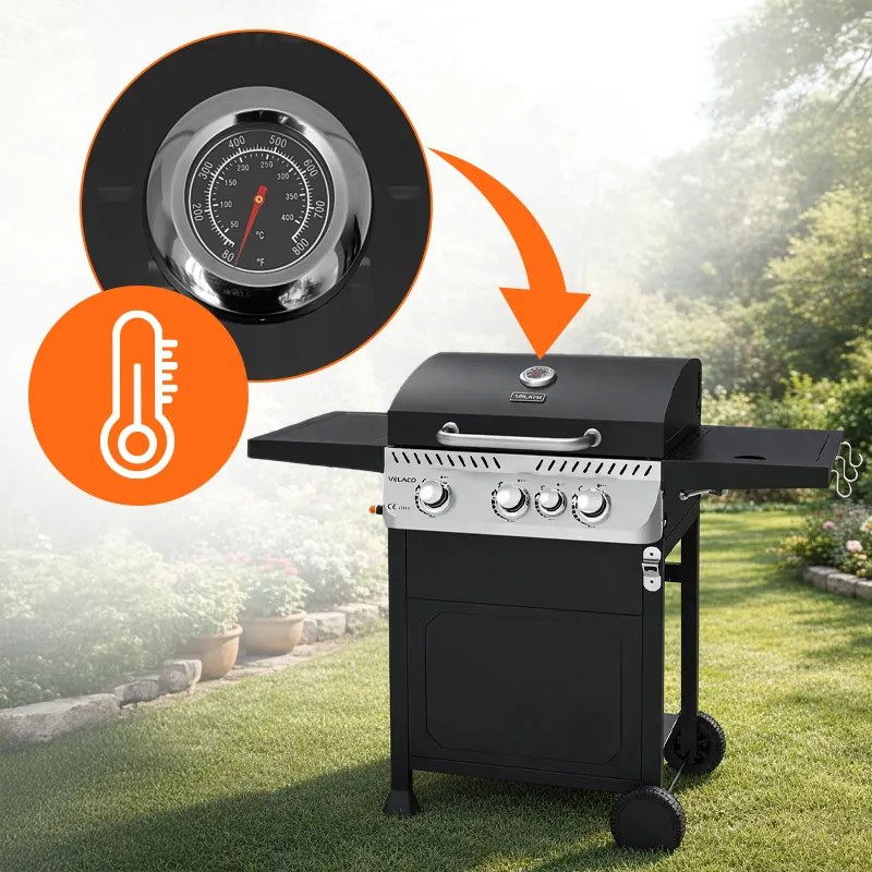 Velaco Plynový BBQ gril s boční plotýnkou, poličkou a krycí plachtou - APOLLO-B, 3+1 hořák