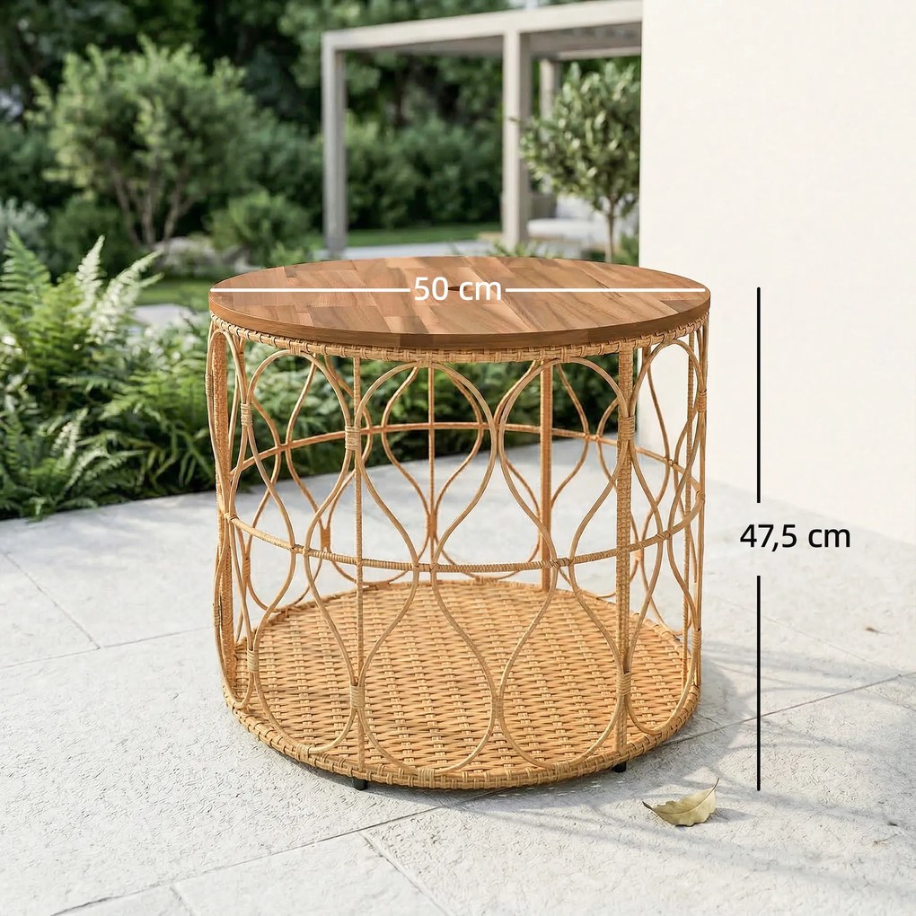Outsunny kulatý stolek Ø50 cm – odolný venkovní stolek s ratanovým vzhledem, akáciová deska, nastavitelné nožičky, nosnost 80 kg, bistro stolek na te…