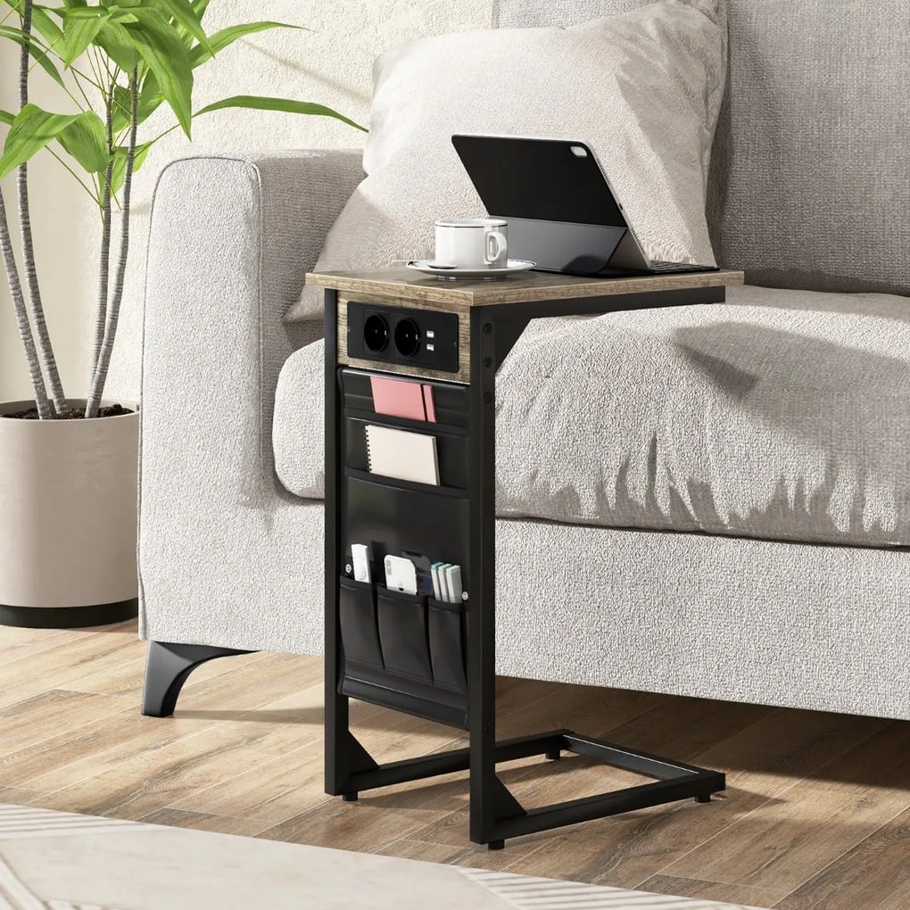 Costway Sada 2 odkládacích stolků ve tvaru C s nabíjecí stanicí a USB porty
