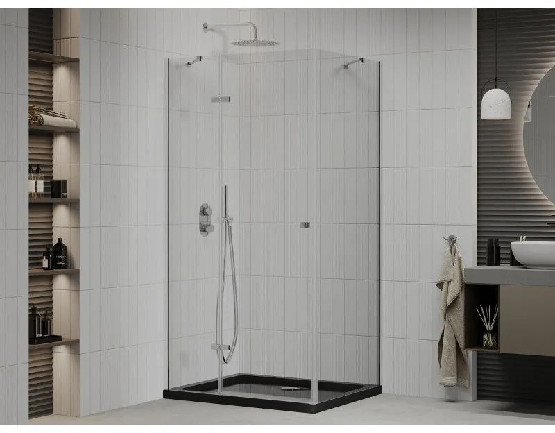Mexen Roma, sprchový kout s křídlovými dveřmi 100 (dveře) x 80 (stěna) cm, 6mm čiré sklo, chromový profil + slim sprchová vanička černá + chromový sifon, 854-100-080-01-00-4070