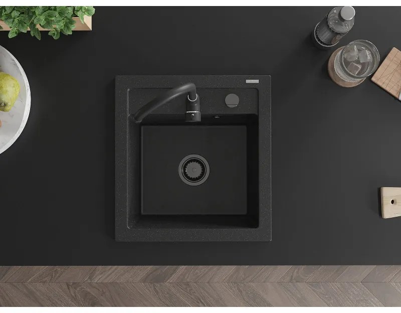 Mexen Vito, granitový dřez 520x490x210 mm, 1-komorový, černá-stříbrná metalíza s černým sifonem, 6503521000-73-B