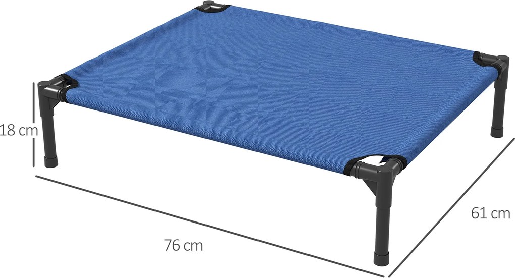 PawHut skládací psí bedna střední velikosti pro vnitřní a venkovní použití, zdvižená psí postel, kovový rám a Oxford textilie, 76x61x18 cm, Modrá