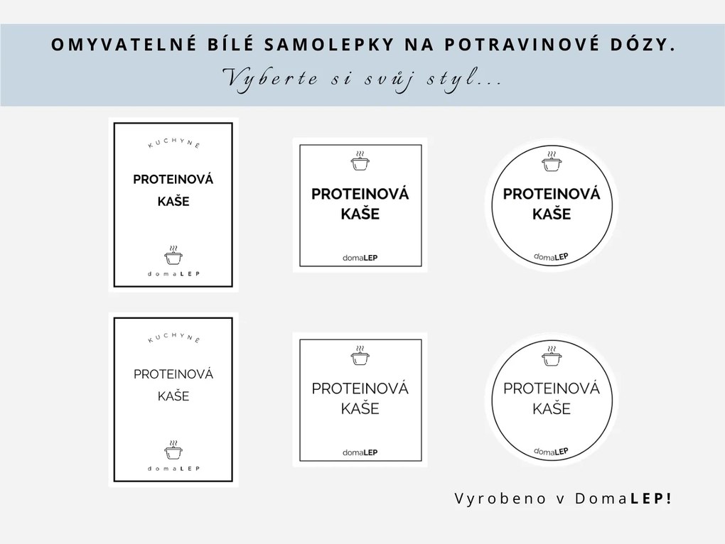 PROTEINOVÁ KAŠE - omyvatelná samolepka na dózu, výběr rozměrů Ø 5 cm / 5 x 5 cm / 6 x 8 cm | DomaLEP tvar: ČTVEREC, barva: BÍLÁ - ČERNÉ písmo, velikost: š. 5 cm x v. 5 cm - základní písmo