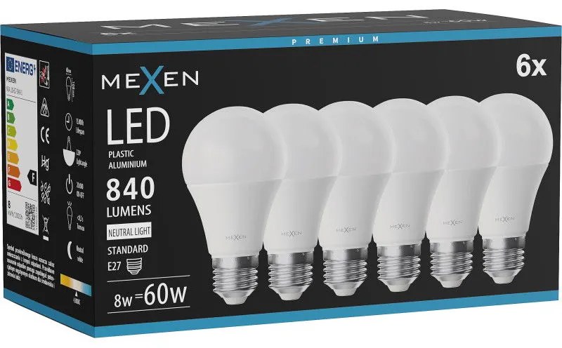 Mexen Nova 6x LED žárovka E27, A60, 8W, Neutrální - 4000K, 840 lm - L100-E27-0840-01x06