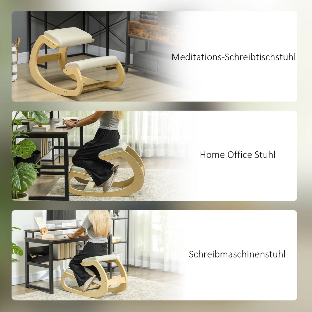 HOMCOM Křeslo na kolenou s houpacím mechanismem, ergonomické křeslo v lněné tkanině a břízovém dřevě, 55x85x55 cm, krémová