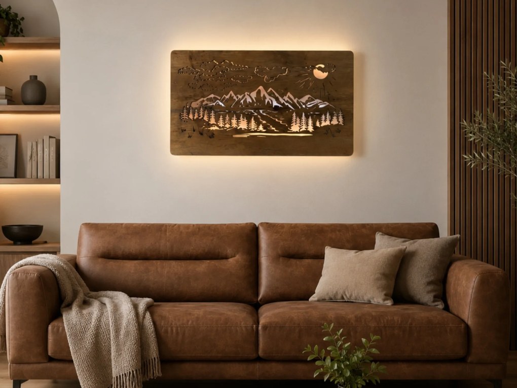Li-Go "Hory" světelný obraz s baterií a pohybovým čidlem 80x45cm provedení povrchu: dub světlý