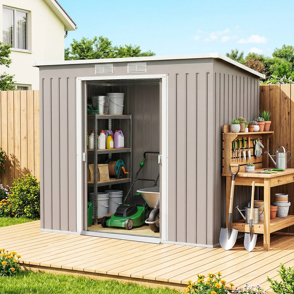 Zahradní domek Outsunny 3,2 m² 213x130x172 cm se sběrnými dveřmi a šikmou střechou, zesílený základ (podlaha není součástí) a 2 okna, Světlá šedá