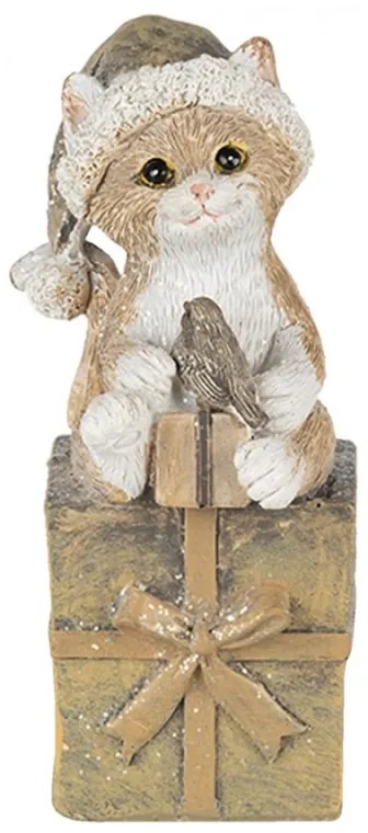 Vánoční dekorativní soška kočky s čepicí na dárku – 5x4x10 cm