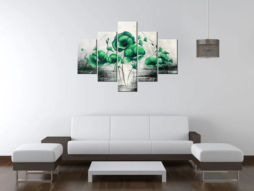 Gario Ručně malovaný obraz Zelené Vlčí máky - 5 dílný Rozměry: 150 x 70 cm