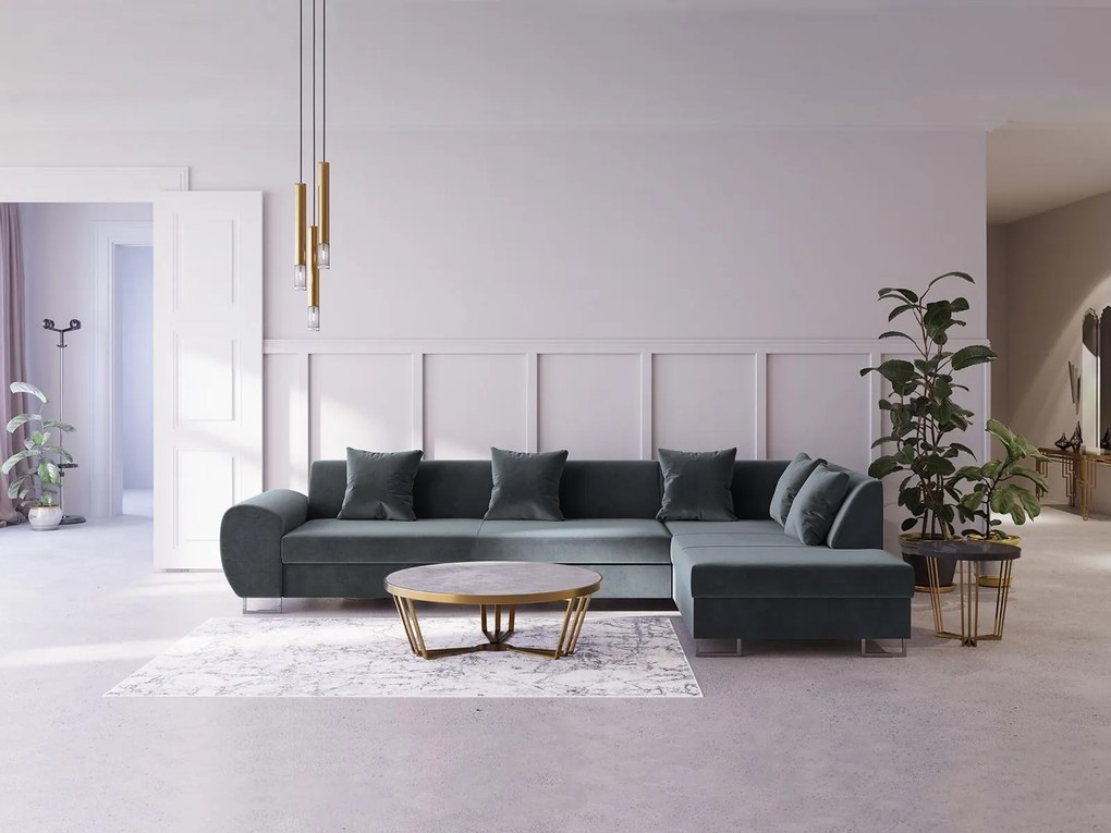KOOKO HOME Rohová rozkládací sametová pohovka s úložným prostorem Adagio XL pravý roh
