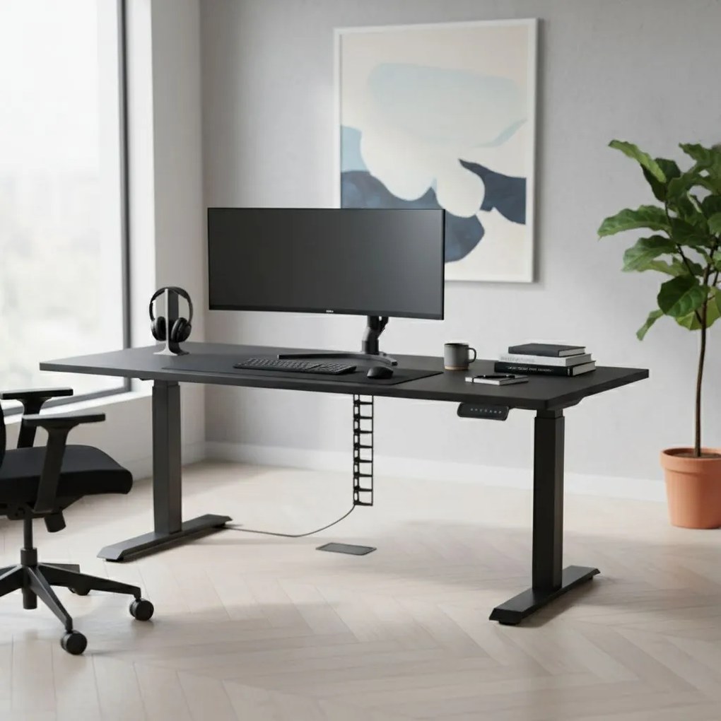 Výškově nastavitelný stůl OfficeTech D, 180 x 80 cm, černá podnož, černá