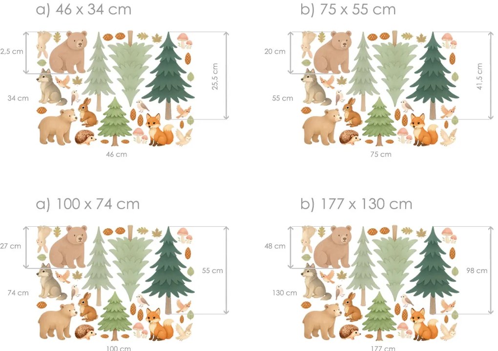 Akvarelová lesní zvířátka textilní přelepitelné samolepky na zeď arch 46 x 34 cm