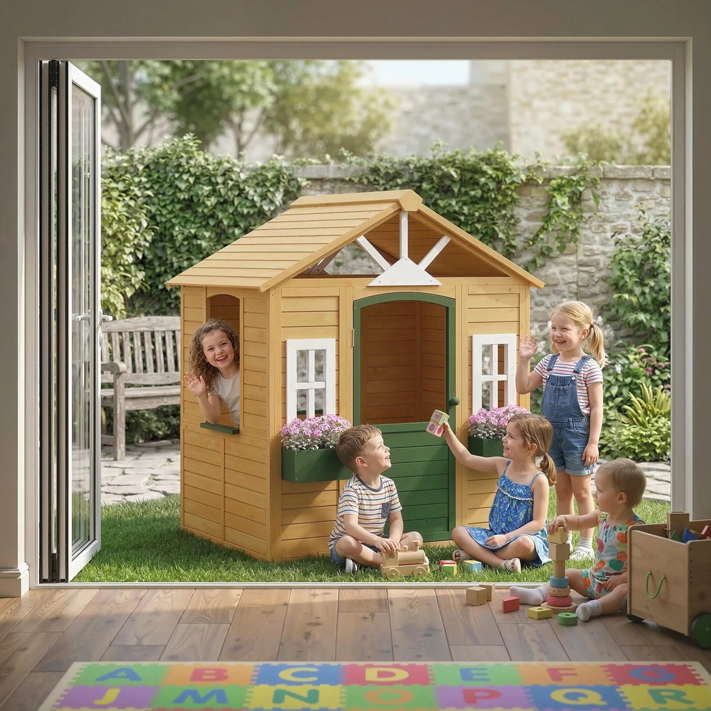 AIYAPLAY Dětský domek na hraní Dřevěný venkovní domek na hraní s dveřmi 3 okny 2 truhlíky na květiny pro děti od 3 do 8 let 134,5 x 97 x 150 cm Hnědá…