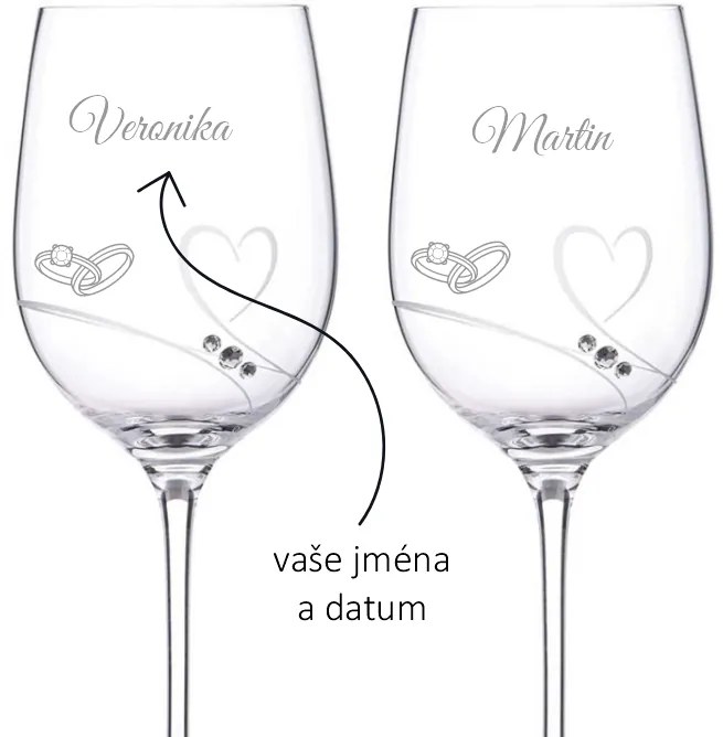 Dekorant Svatební sklenice na bílé víno Romance PRSTÝNKY s krystaly Swarovski 330 ml 2KS