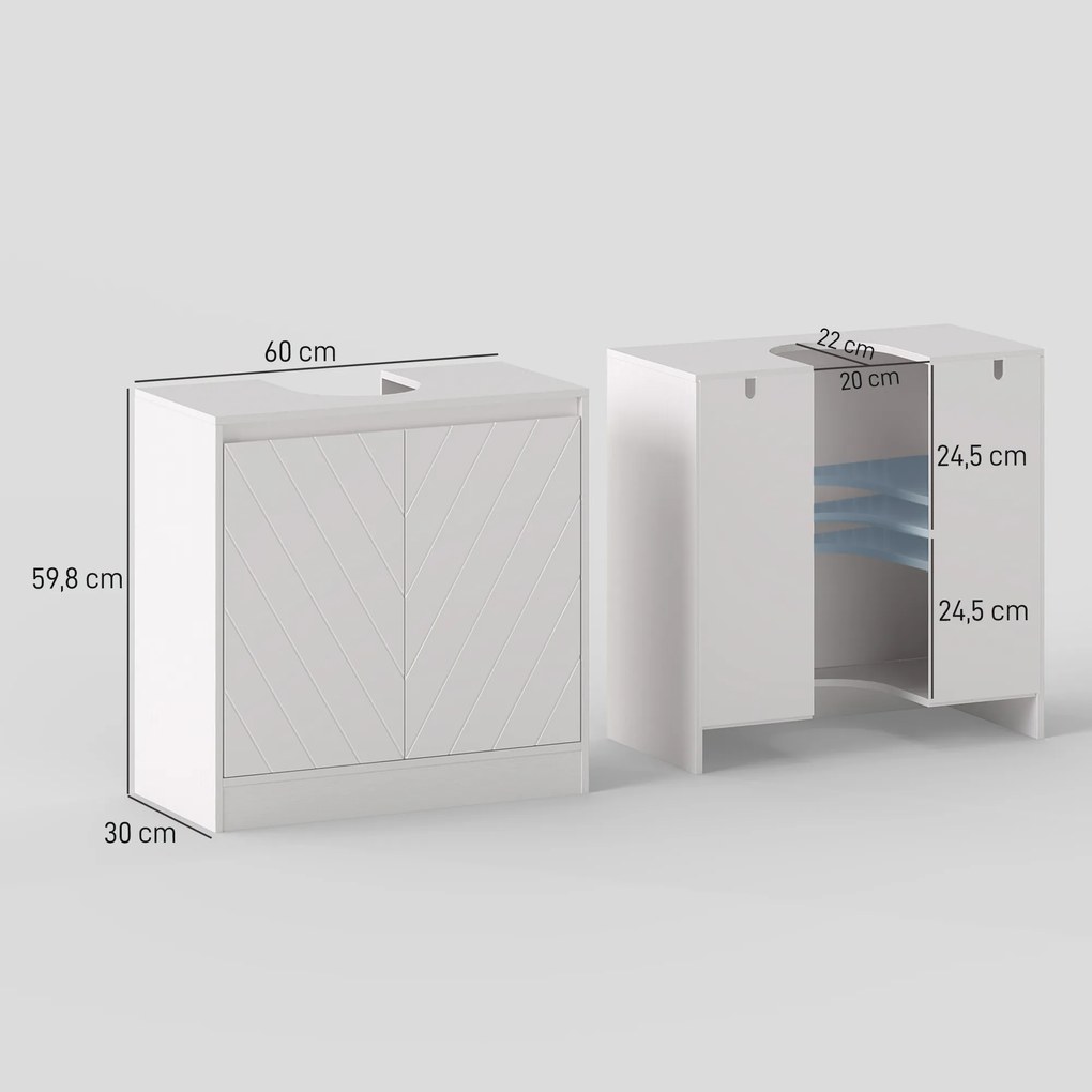 HOMCOM spodní skříňka pod umyvadlo, koupelnová skříňka s 2 dveřmi, výškově nastavitelná police pro umyvadlo s nebo bez soklu, 60x30x59,8 cm, bílá