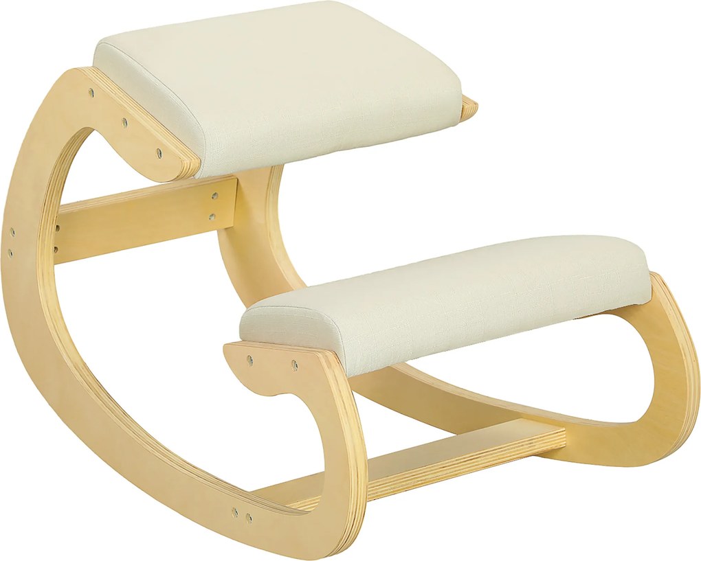 HOMCOM Křeslo na kolenou s houpacím mechanismem, ergonomické křeslo v lněné tkanině a břízovém dřevě, 55x85x55 cm, krémová